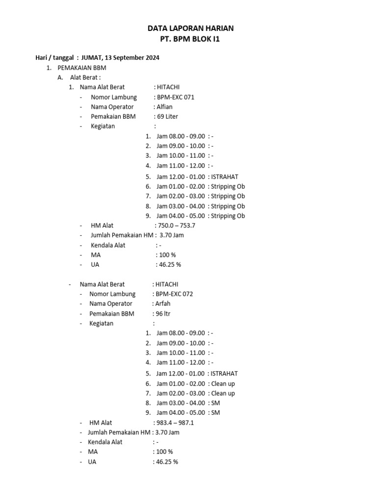 DATA LAPORAN HARIAN PT. BPM-BARTA 13 Sep 2024 | PDF