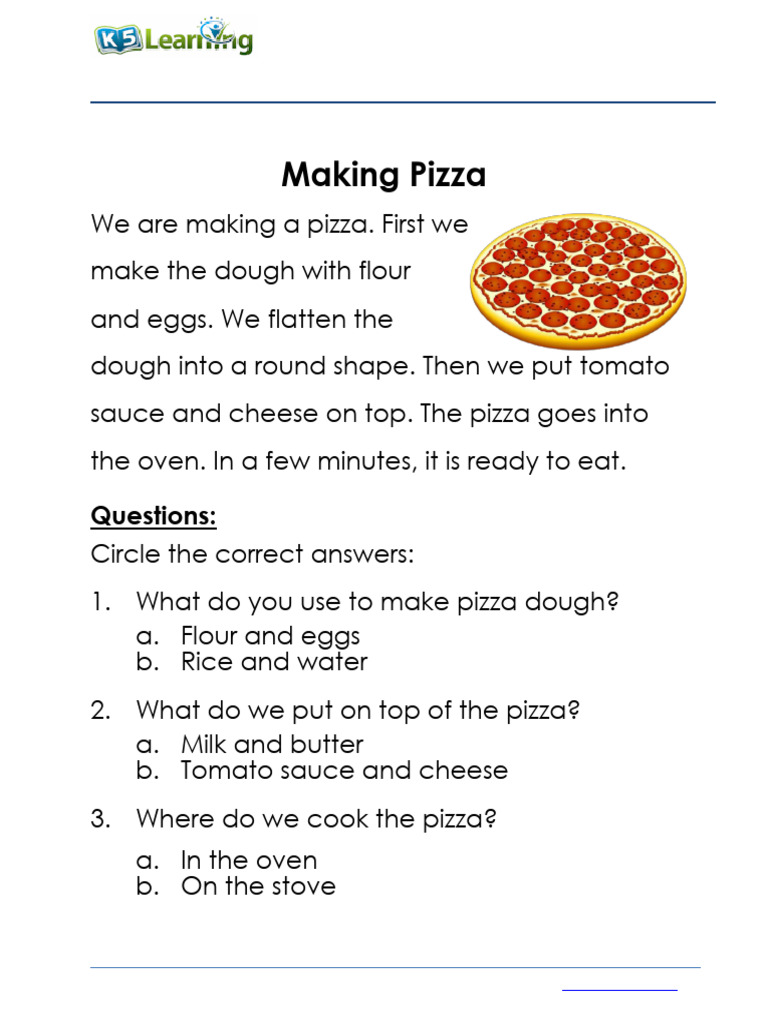 Reading Comprehension Story Making Pizza | PDF