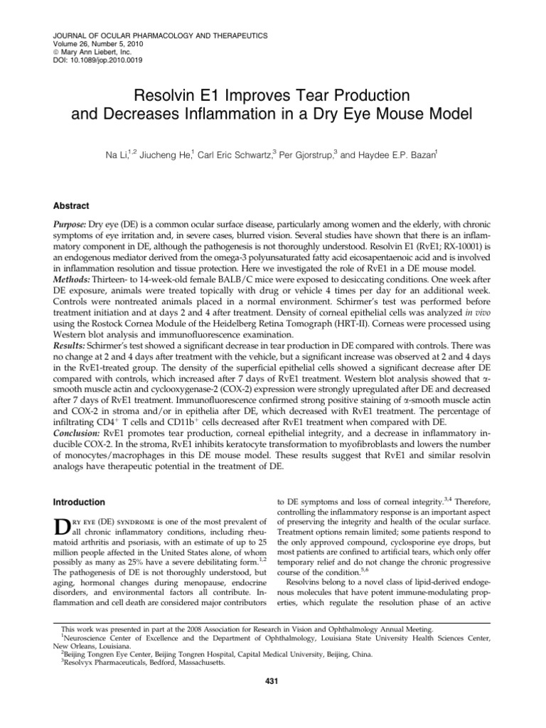 Resolvin E1 Improves Tear Production and Decreases Inflammation in A ...