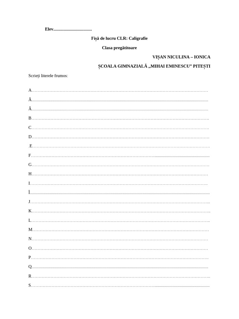 Visan Niculina - Ionica - Fisa de Lucru - Alfabetul - Caligrafie ...