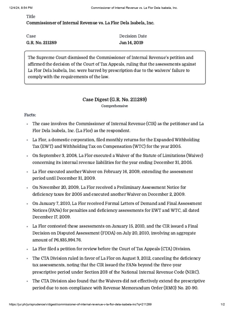 DIGEST Commissioner of Internal Revenue vs. La Flor Dela Isabela, Inc ...
