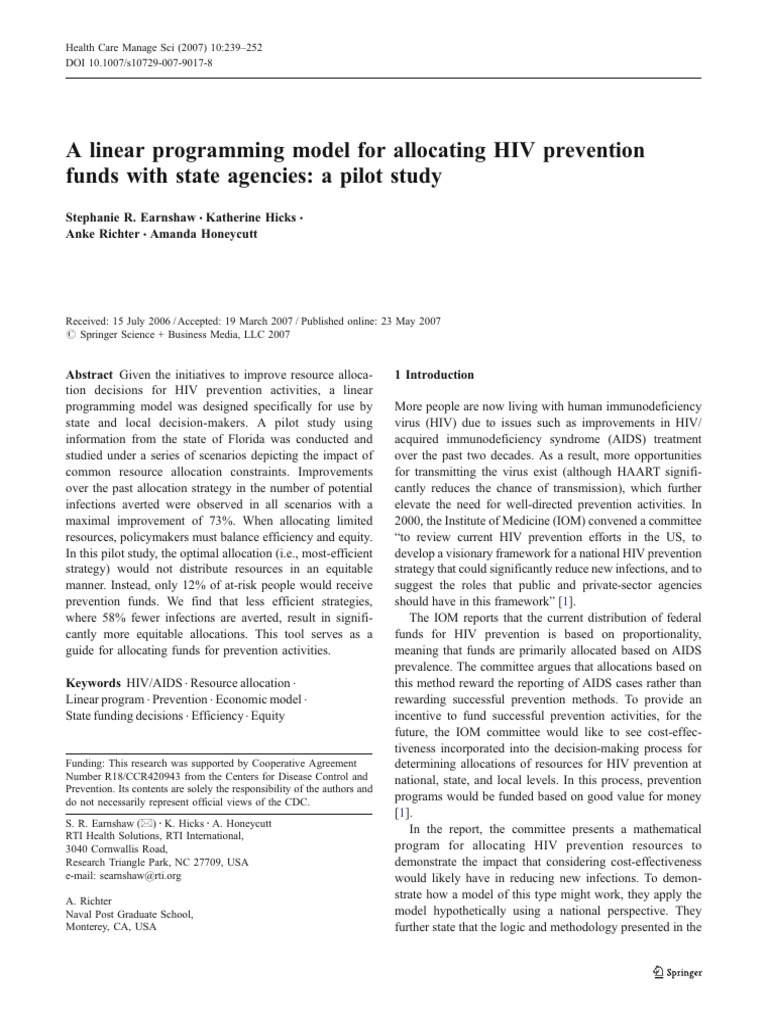 A Linear Programming Model For Allocating HIV Prevention Funds With ...