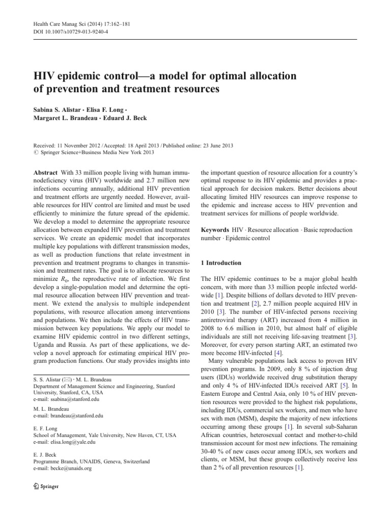 HIV Epidemic Control-A Model For Optimal Allocation of Prevention and Treatment Resources | PDF ...