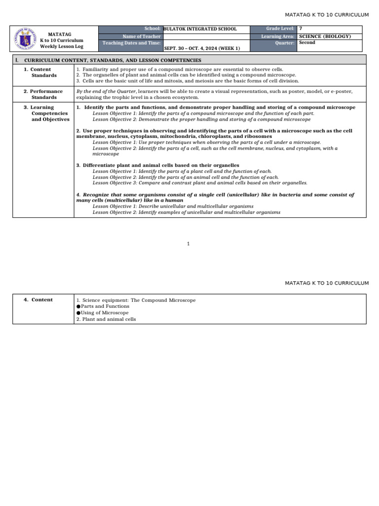 Grade 7 Science: Microscopy Lesson Plan | PDF | Cell (Biology) | Microscope