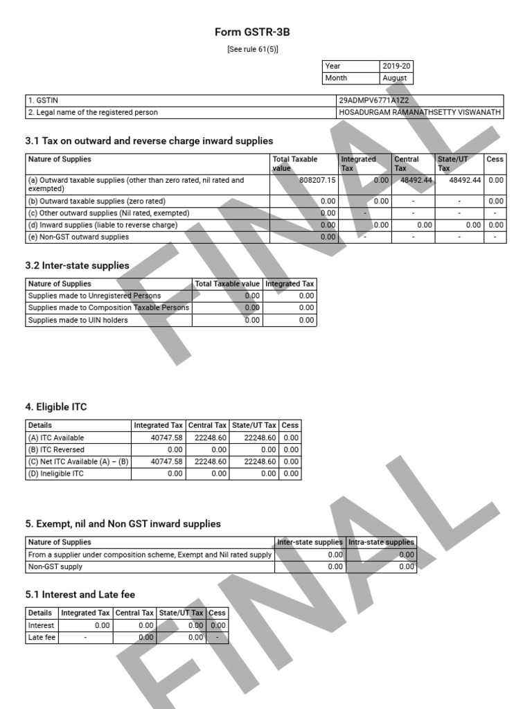 GSTR3B 29admpv6771a1z2 082019 | PDF | Taxes | Government Finances