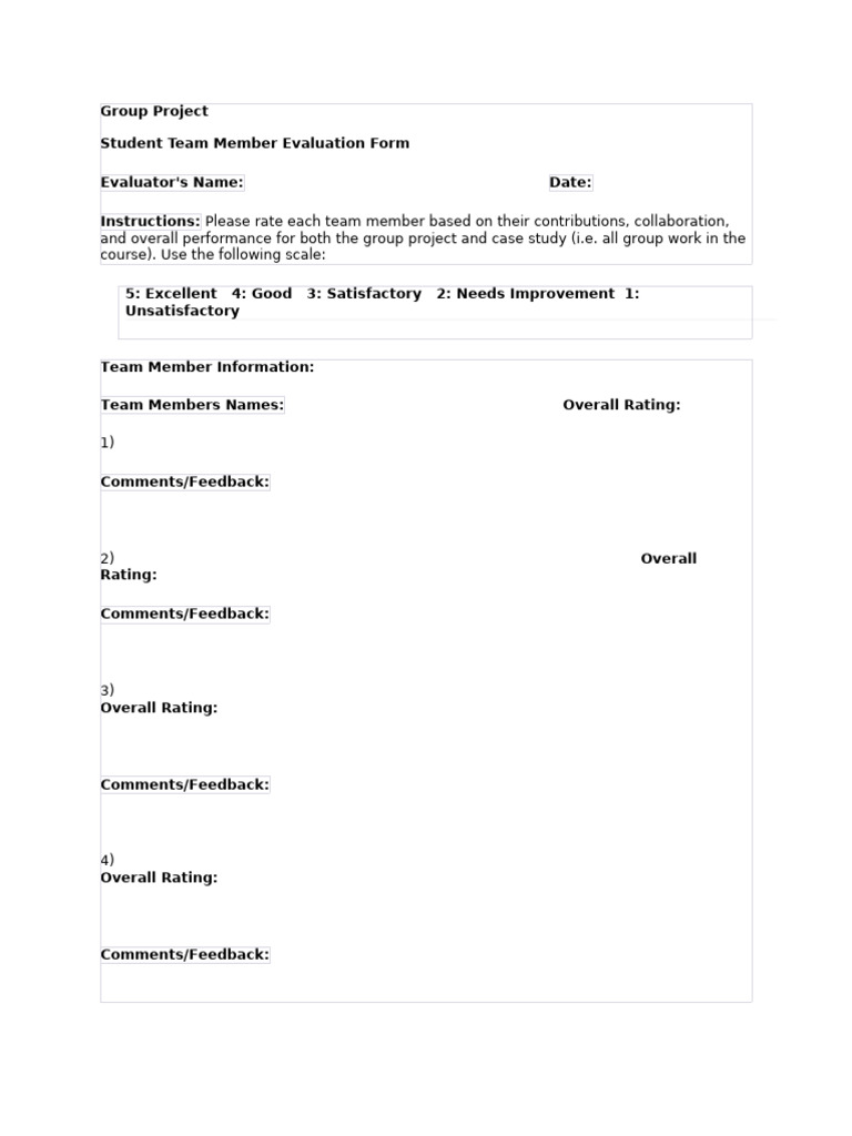 Student Team Member Evaluation Form For Group Project and Case ...