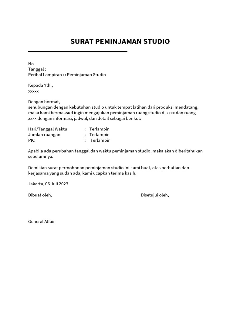 Surat Peminjaman Ruang Studio | PDF