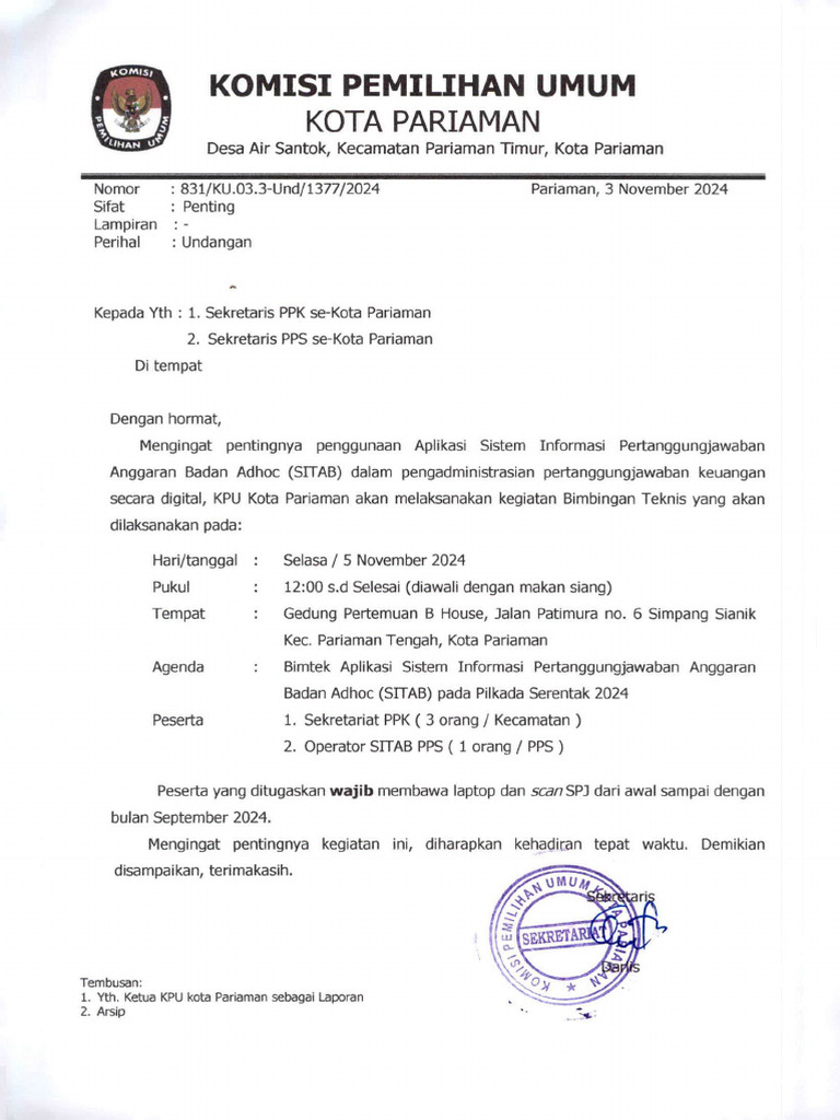 Surat Undangan Bimtek Sekre PPK dan PPS | PDF