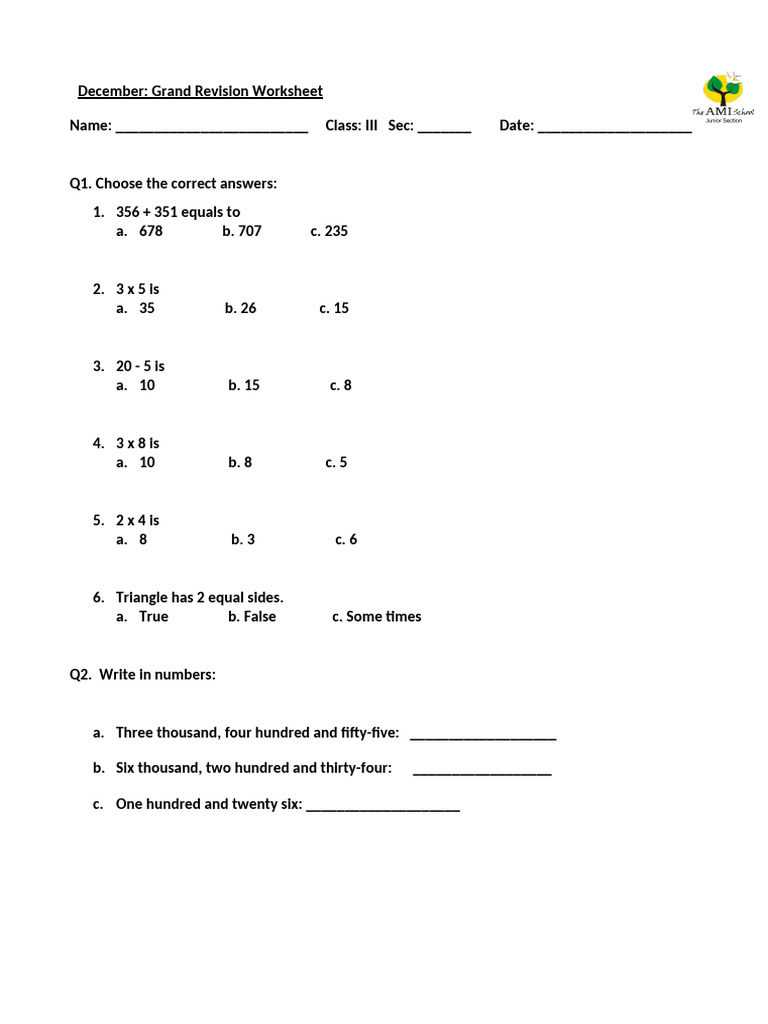 Grade 3-Math Grand Revision Worksheet | PDF