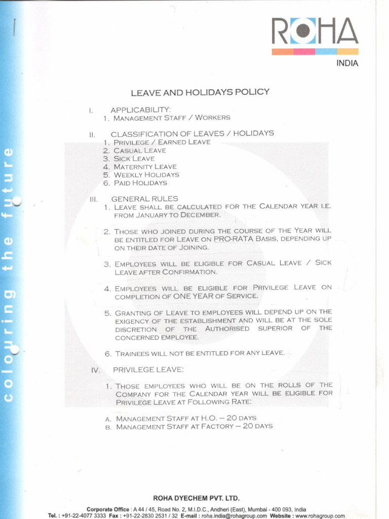 Leave and Holidays Policy | PDF