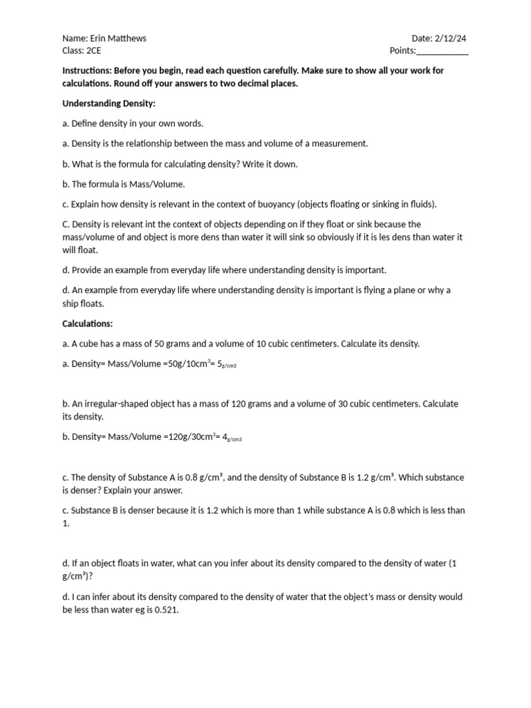 Density - Worksheet (1) | PDF | Density | Buoyancy