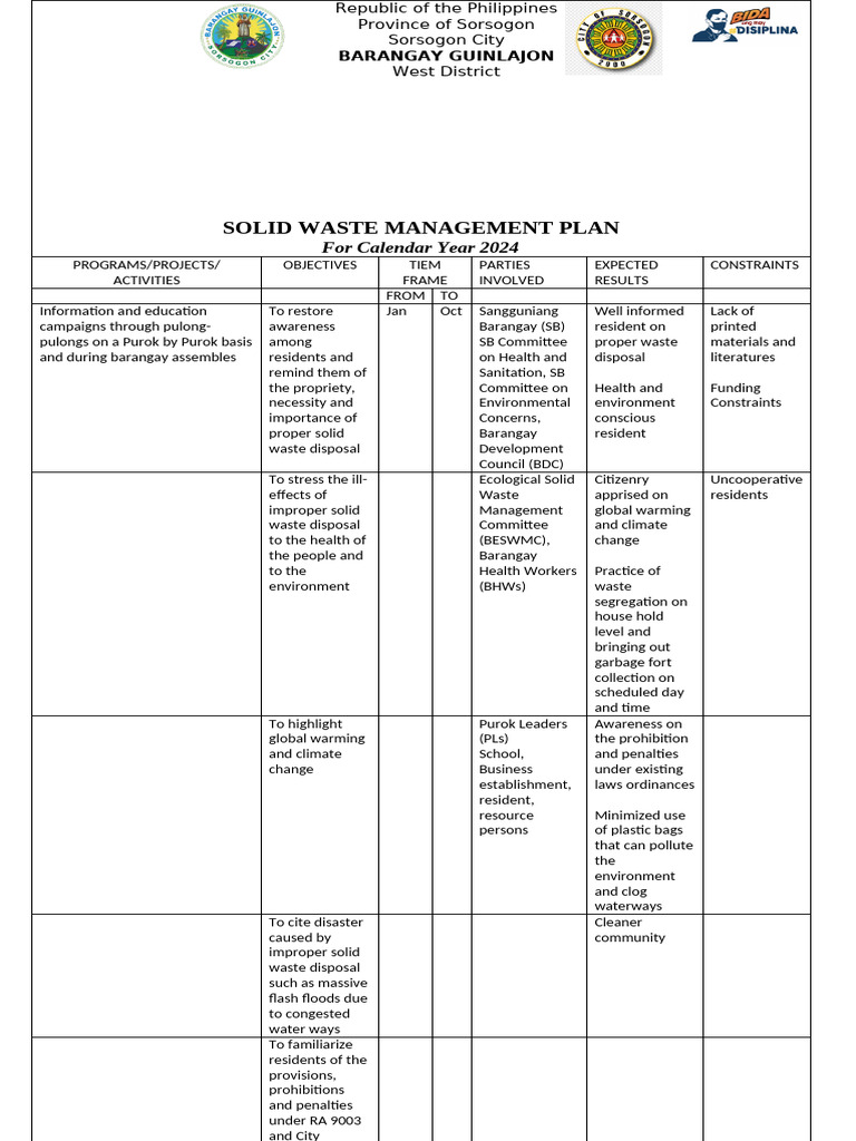 SOLID WASTE MANAGEMENT PLAN | PDF | Waste Management | Natural Environment