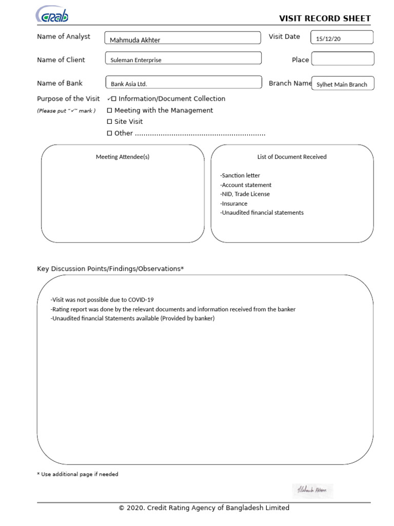 Visit Record Sheet | PDF