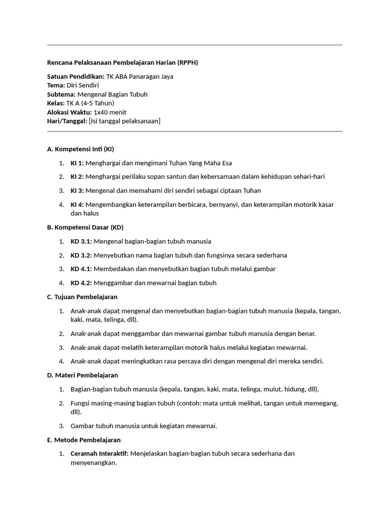 RPPH Tema Diri Sendiri | PDF