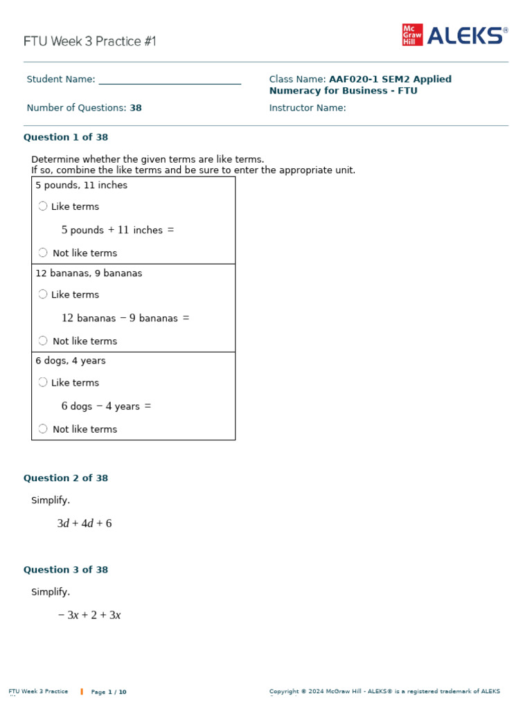 AAF020-1 Week 3 WORKSHOP Practice Questions (Student Version) | PDF | Equations | Mathematical ...