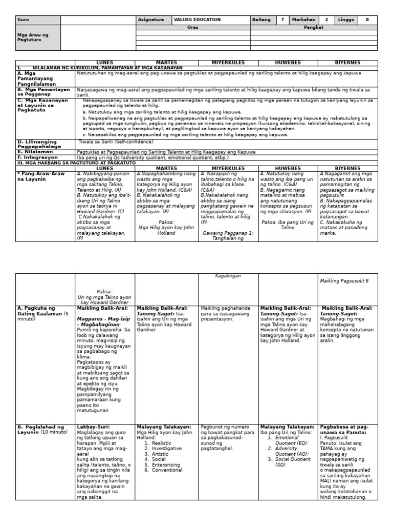 Weekly DLL_Week_1_Tiwala sa Sarili | PDF