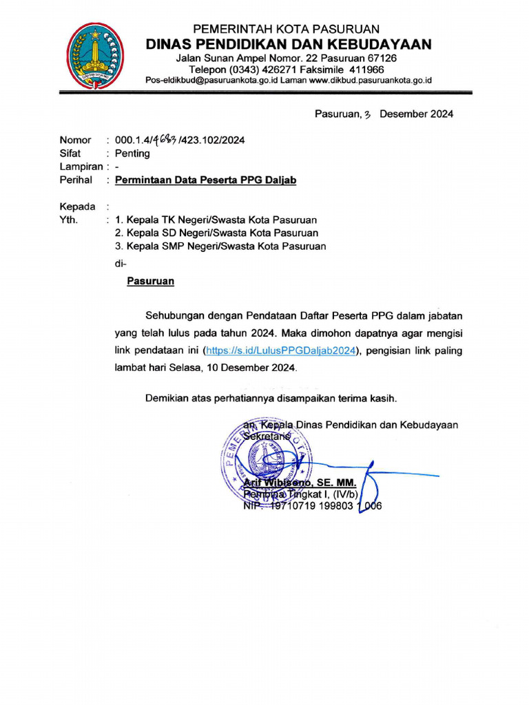 Permintaan Data Peserta Lulus PPG Daljab 2024 | PDF