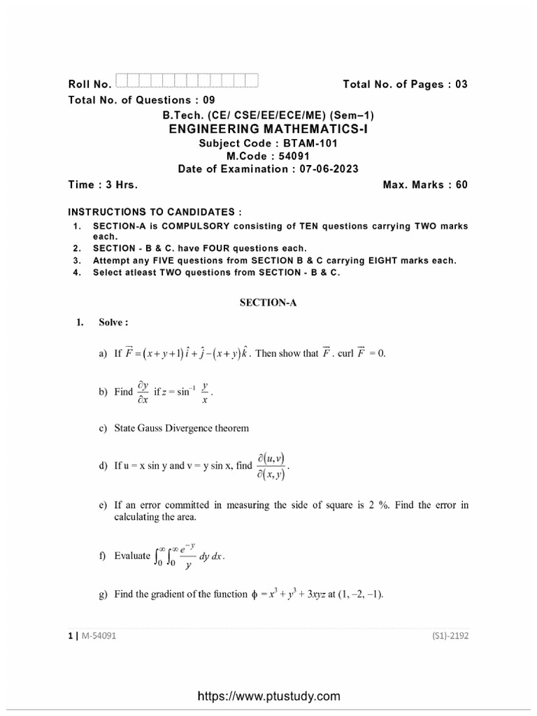 Btech 1 Sem Engineering Mathematics 1 54091 Jun 2023 | PDF