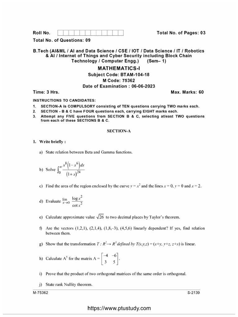 Btech 1 Sem Mathematics 1 75362 Jun 2023 | PDF