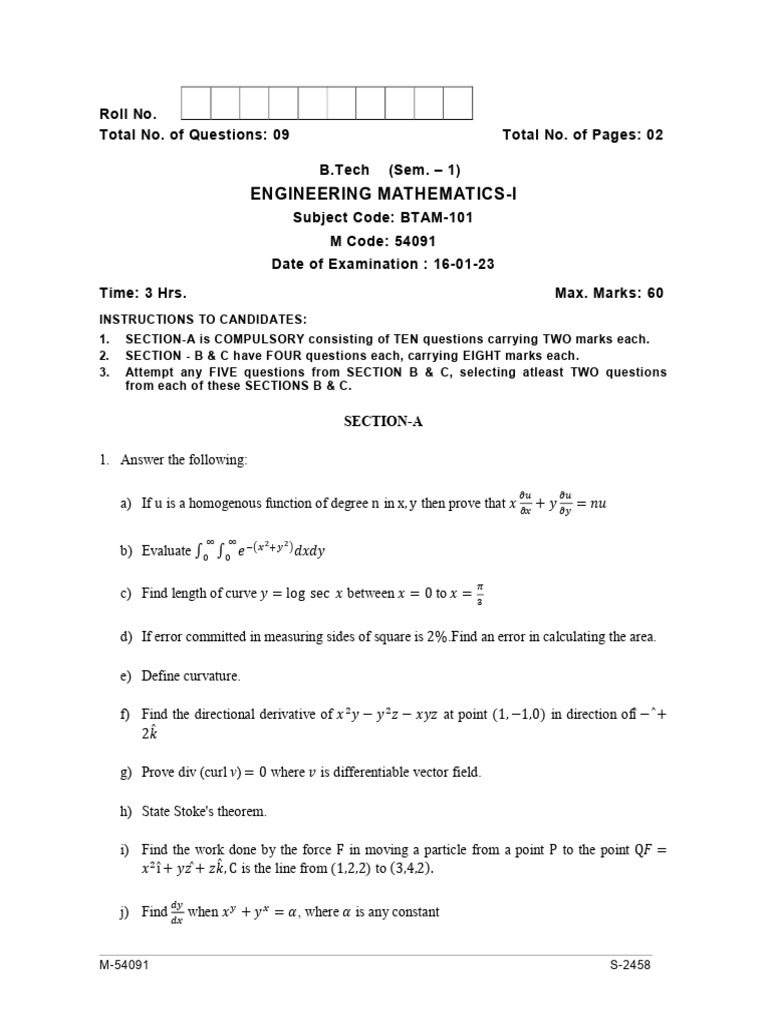 Btech 1 Sem Engineering Mathematics 1 54091 Jan 2023 | PDF | Curvature ...