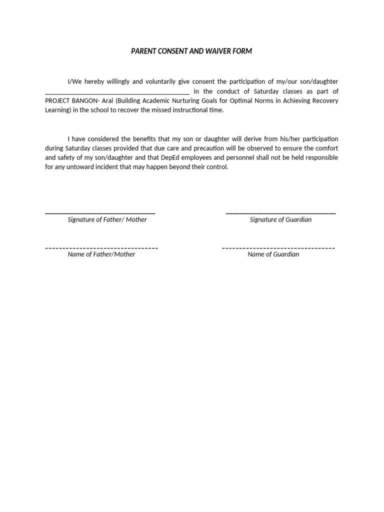 PARENT CONSENT AND WAIVER FORM Project Bangon Aral | PDF