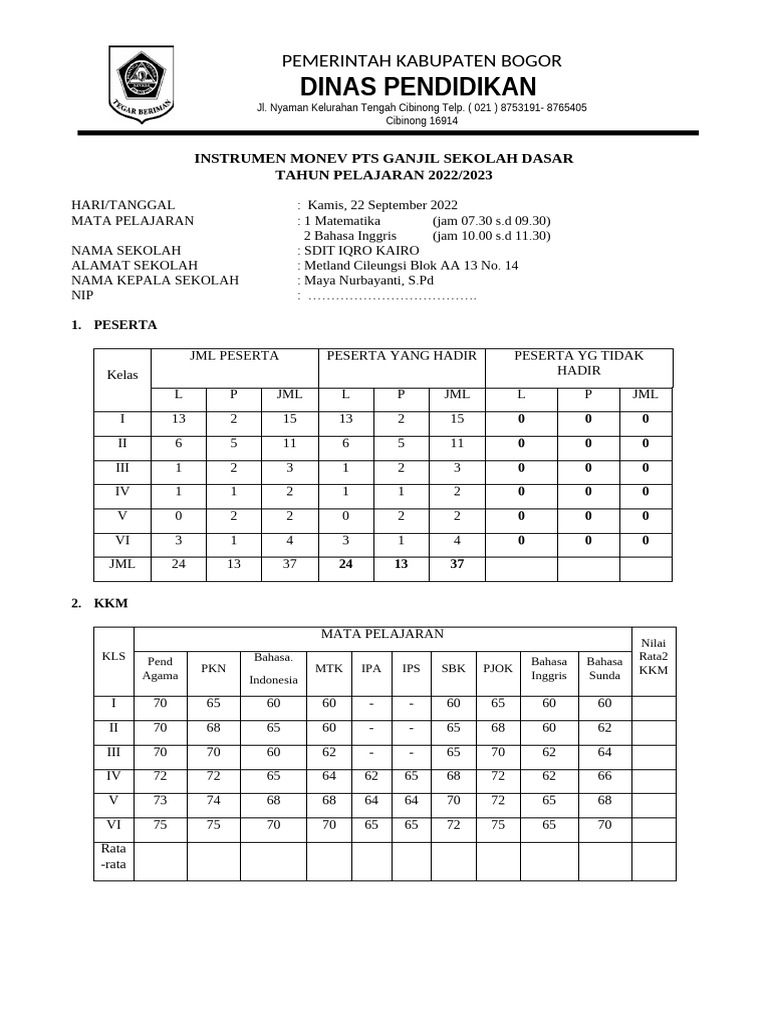 Instrumen Monev PTS Ganjil 2022-2023 | PDF