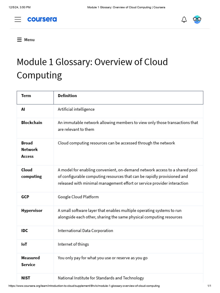 Module 1 Glossary - Overview of Cloud Computing - Coursera | PDF