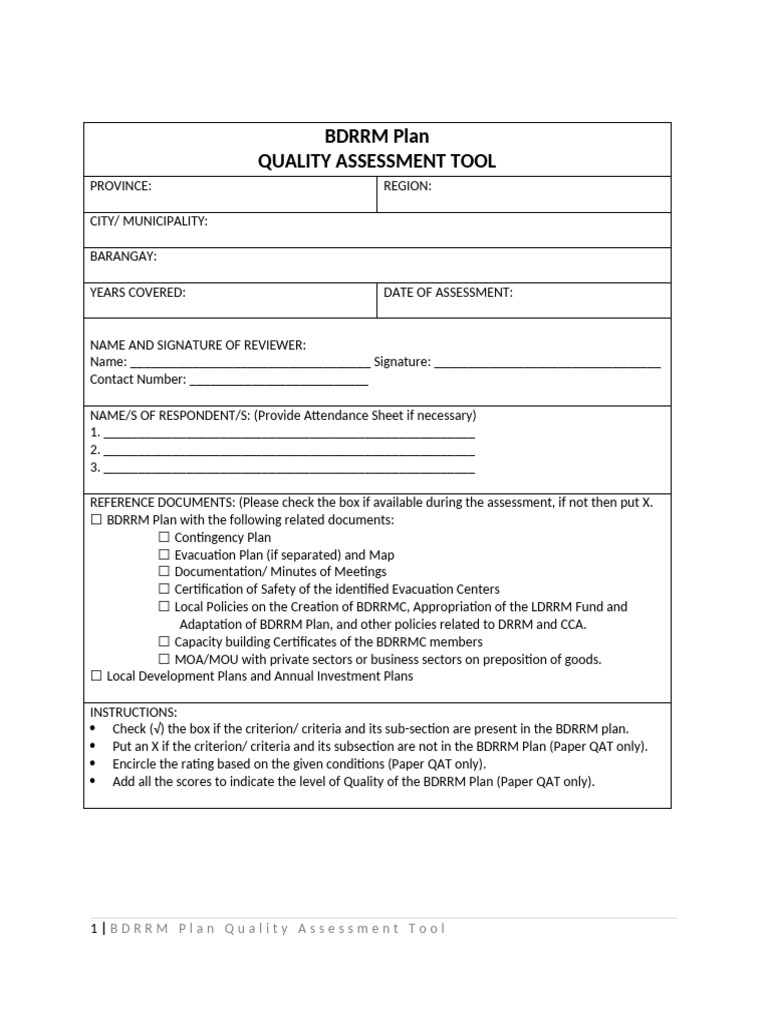 BDRRM Plan Quality Assessment Tool | PDF | Emergency Management