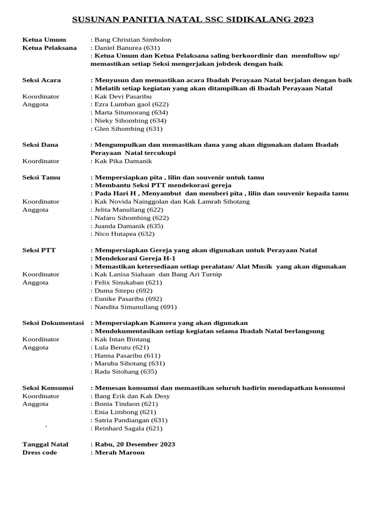 Susunan Panitia Natal SSC Sidikalang 2023 | PDF