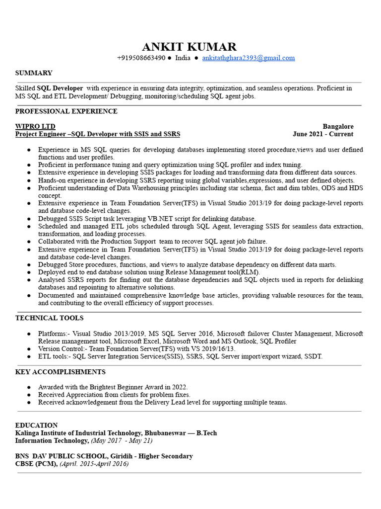 SQL Developer Resume - Ankit Kumar | PDF | Microsoft Sql Server | Databases