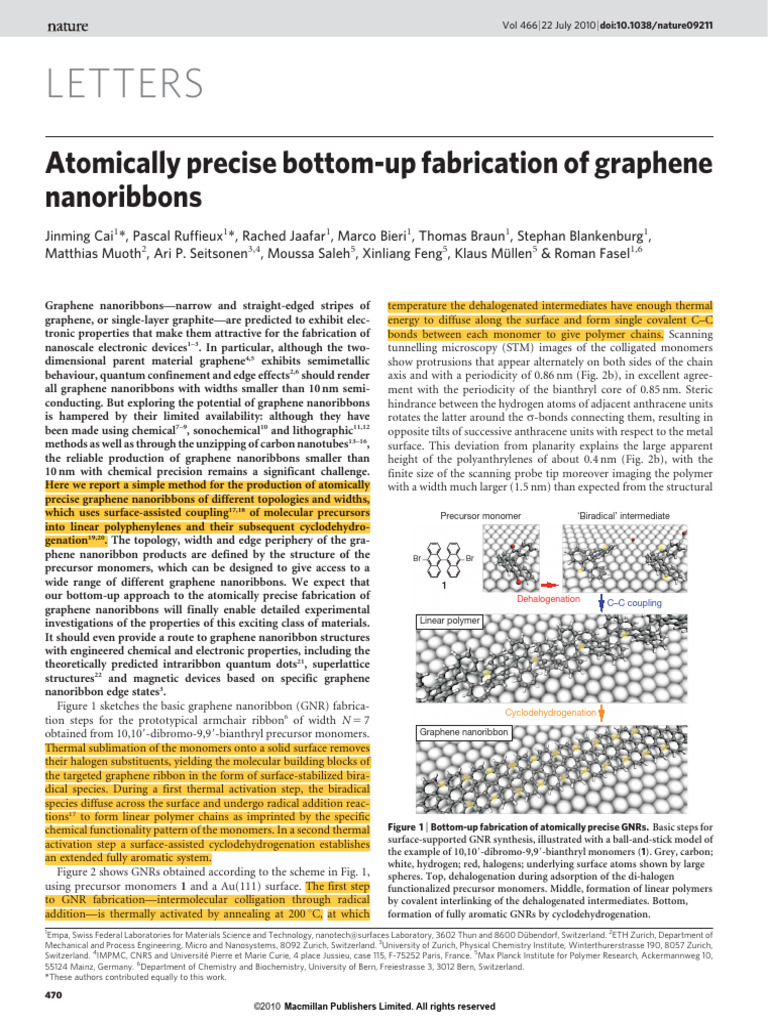 Atomically Precise Bottom-Up Fabrication of Graphene Nanoribbons | PDF | Graphene | X Ray ...