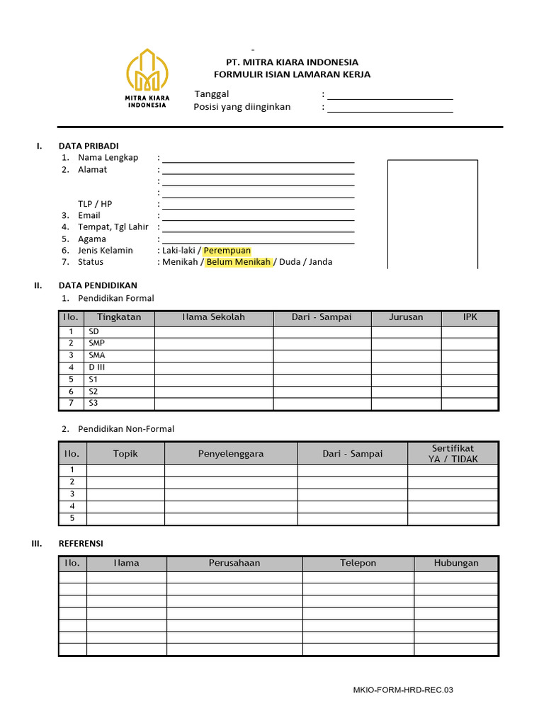 Form Isian Lamaran Kerja | PDF