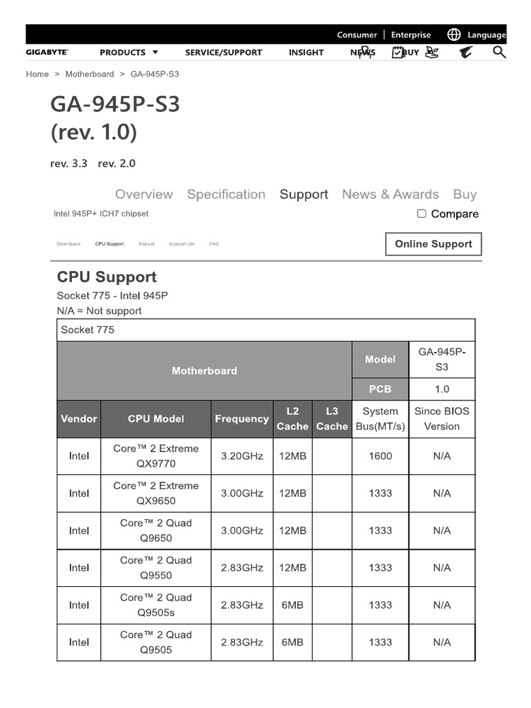 Ga 945p s3 1 0 Cpu Support 64ce0d115bd53978527291 | PDF