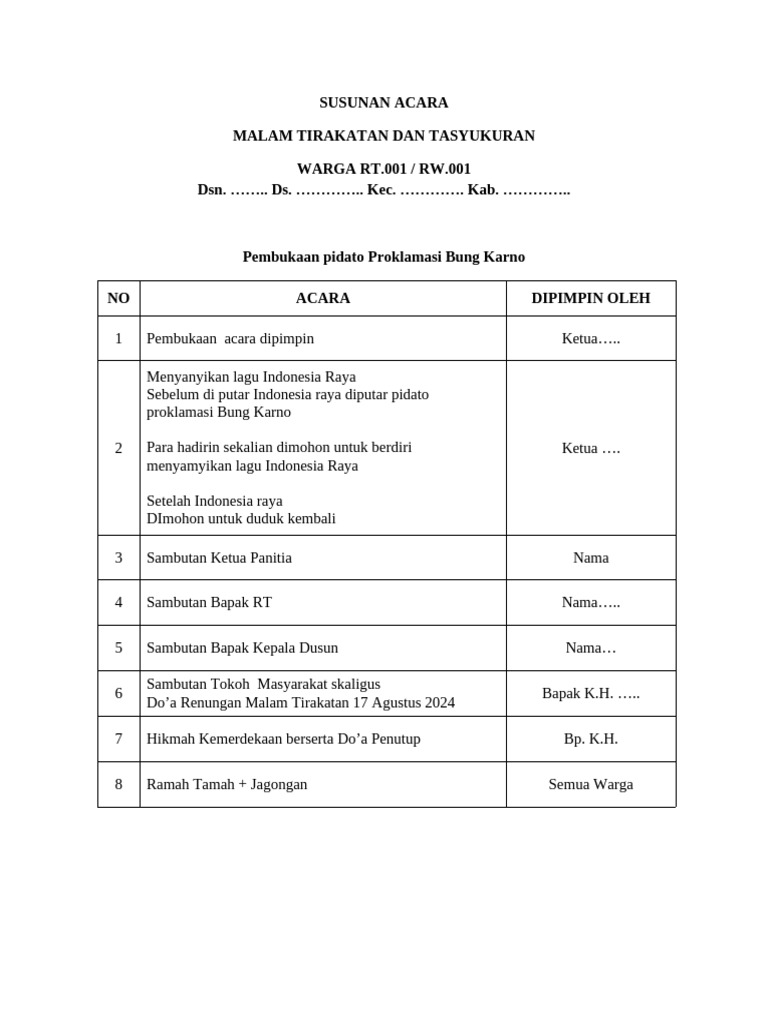 SUSUNAN ACARA MLM Tirakatan | PDF