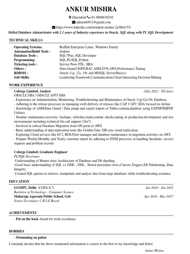 Ankur_Mishra_DBA | PDF | Sql | Databases