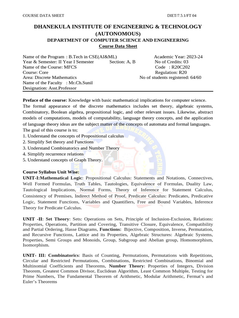 FT04 Course Data Sheet - MFCS | PDF | Discrete Mathematics | Group (Mathematics)