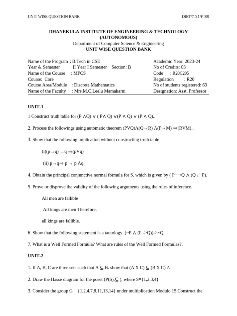 FT9 Unit WIse Question Bank | PDF | Group (Mathematics) | Recurrence Relation