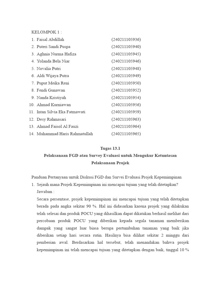 Tugas 13.1. Pelaksanaan FGD Atau Survey Evaluasi Untuk Mengukur ...