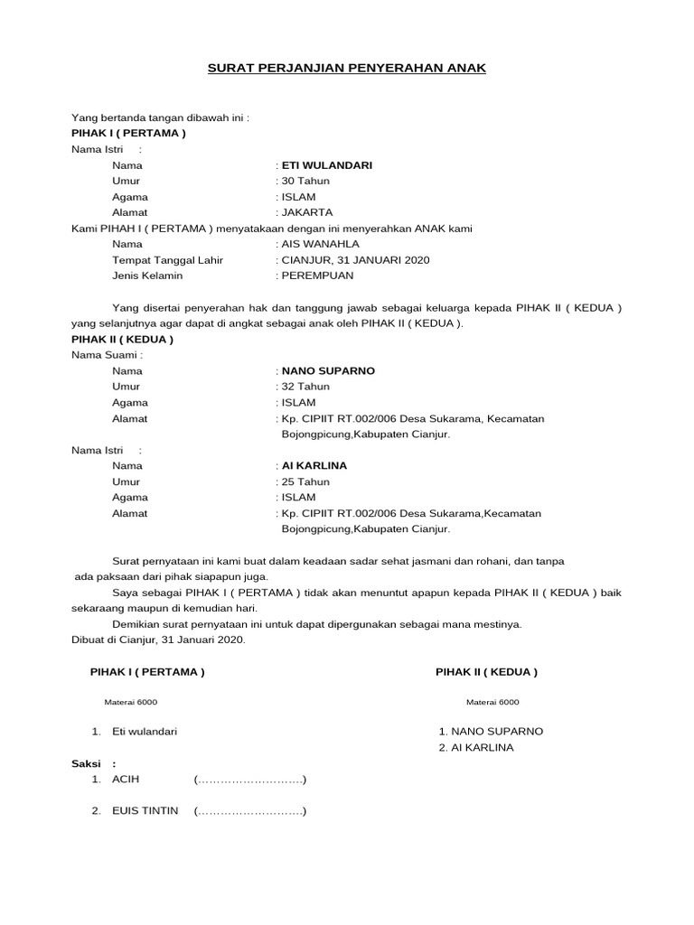 Surat Penyerahan Anak AIS WANAHLA | PDF