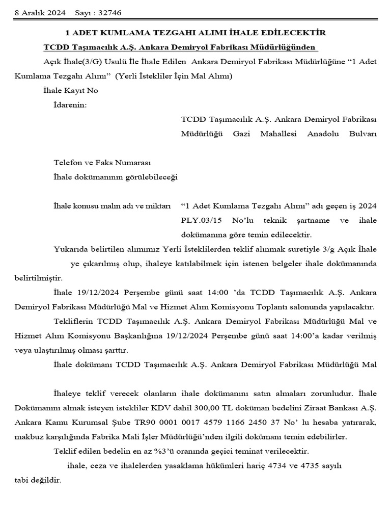 1 Adet Kumlama Tezgahi Alimi İhale Edilecektir TCDD Taşımacılık A.Ş. Ankara Demiryol Fabrikası ...