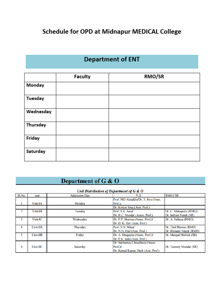 OPD Schedule for ENT at Midnapur Medical | PDF