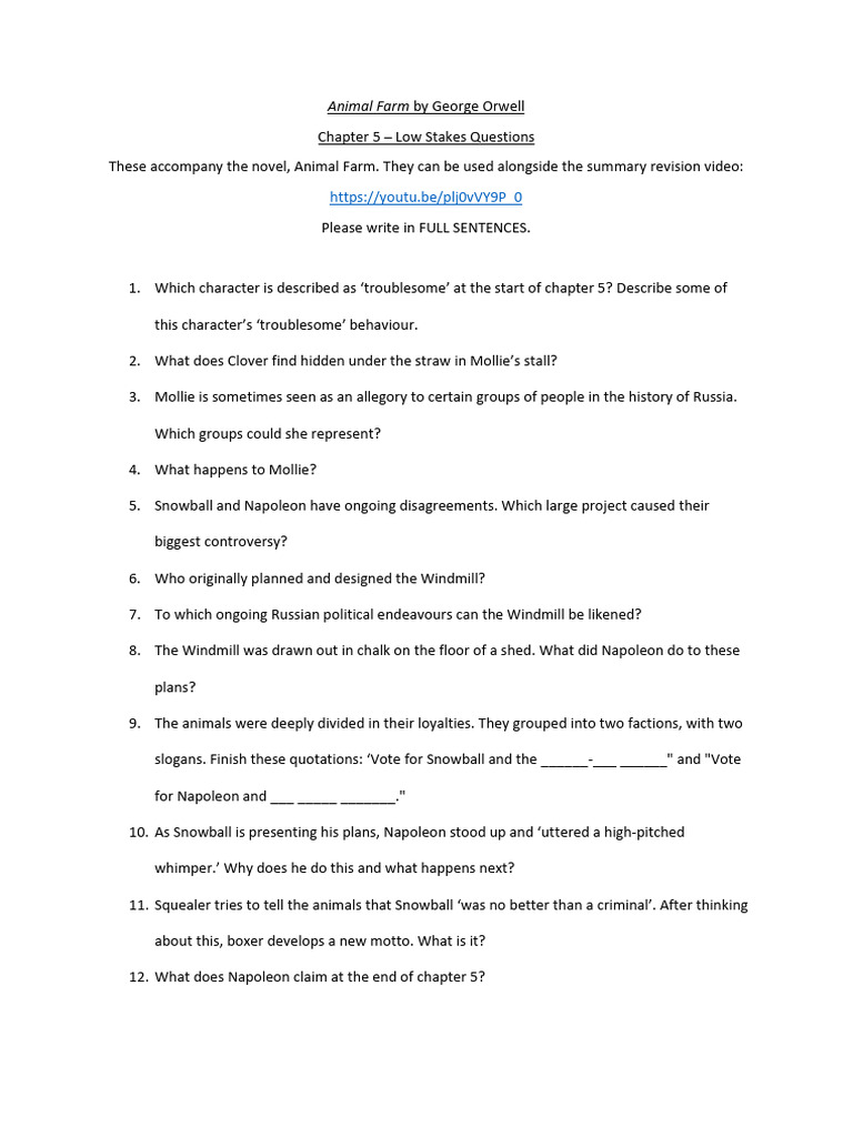 Animal Farm Chapter 5 Questions | PDF