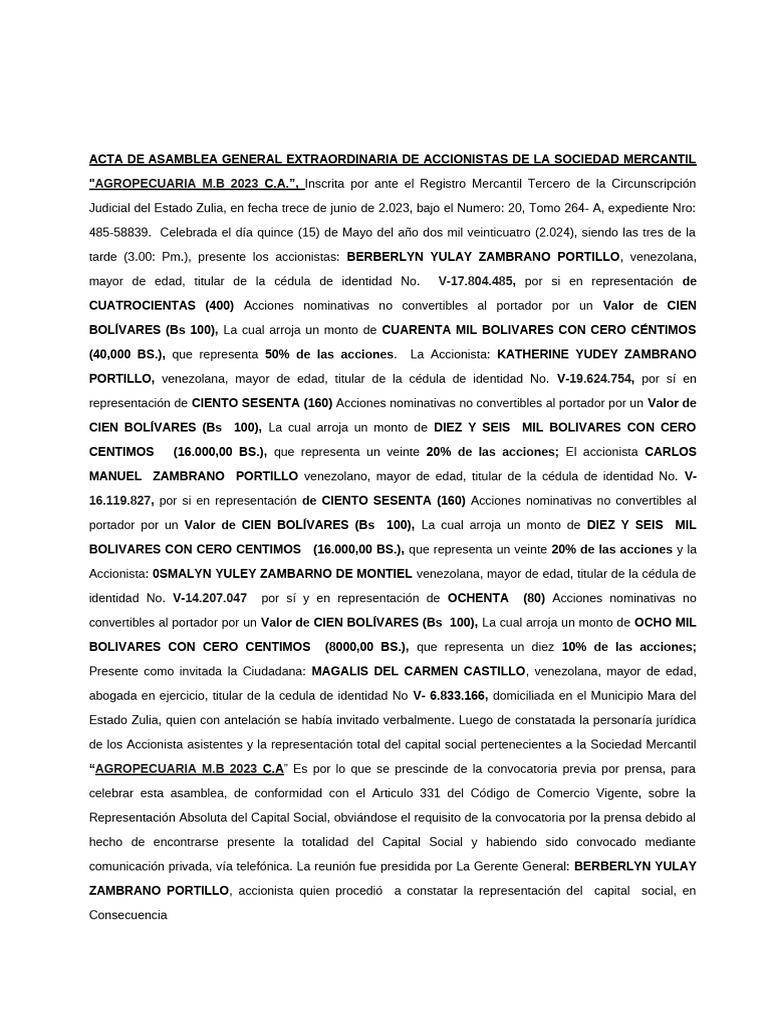 Acta Asamblea Berbelin | PDF | Compartir (Finanzas) | Venezuela