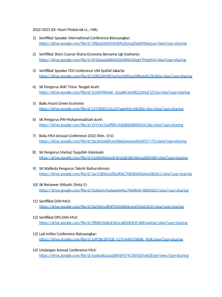Dr. Husni Mubarrak Certifications & Works | PDF