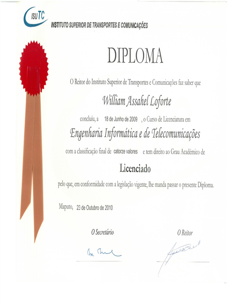 William Loforte - Diploma ISUTC (Moçambique - Africa) | PDF