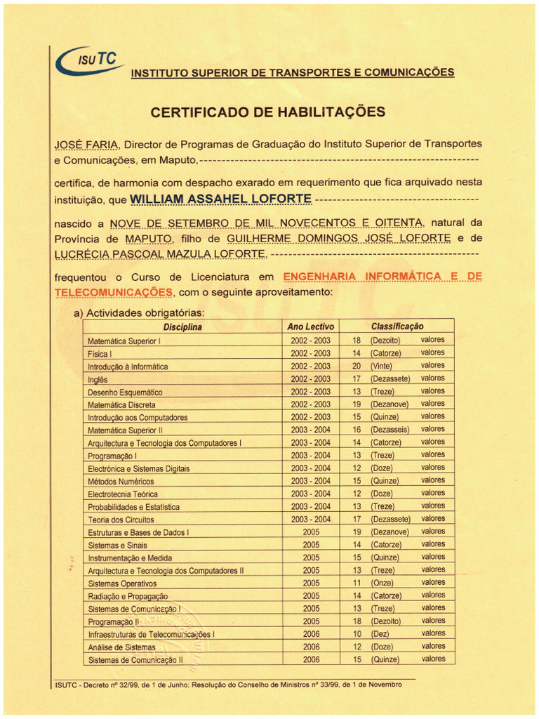 ISUTC Certificado Licenciatura William Assahel Loforte | PDF