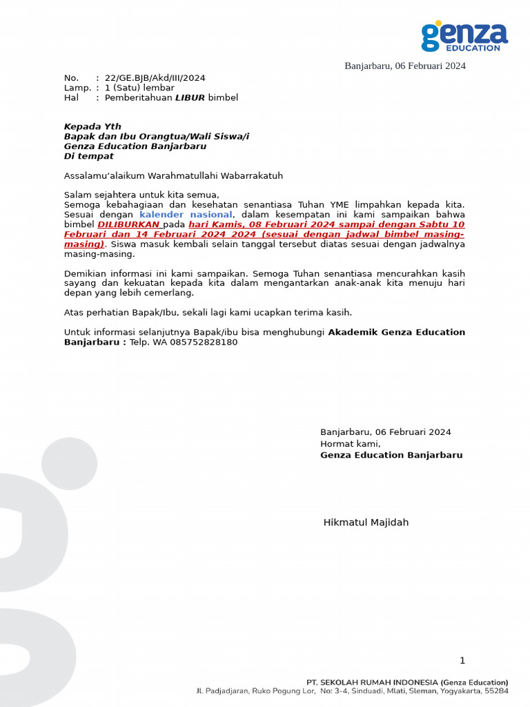 Surat Libur Bimber 2024 | PDF