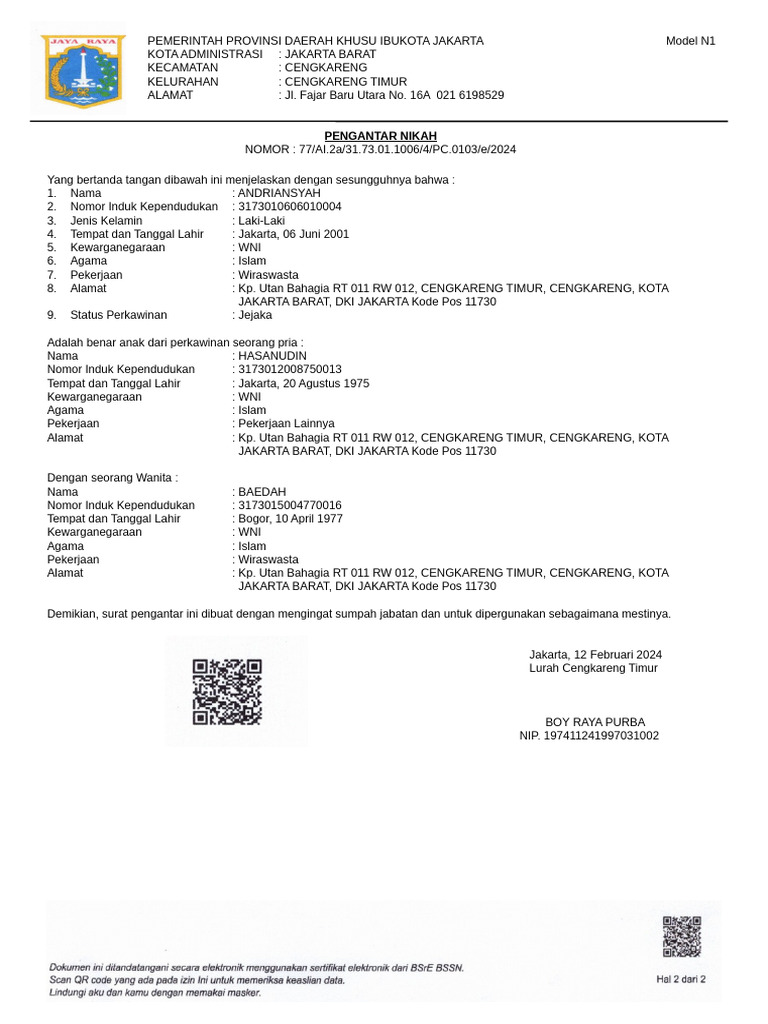 surat pengantar nikah Model N1 | PDF