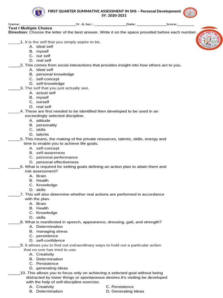 First Quarter Summative Examination 2020 PERDEV | PDF | Self Concept | Creativity