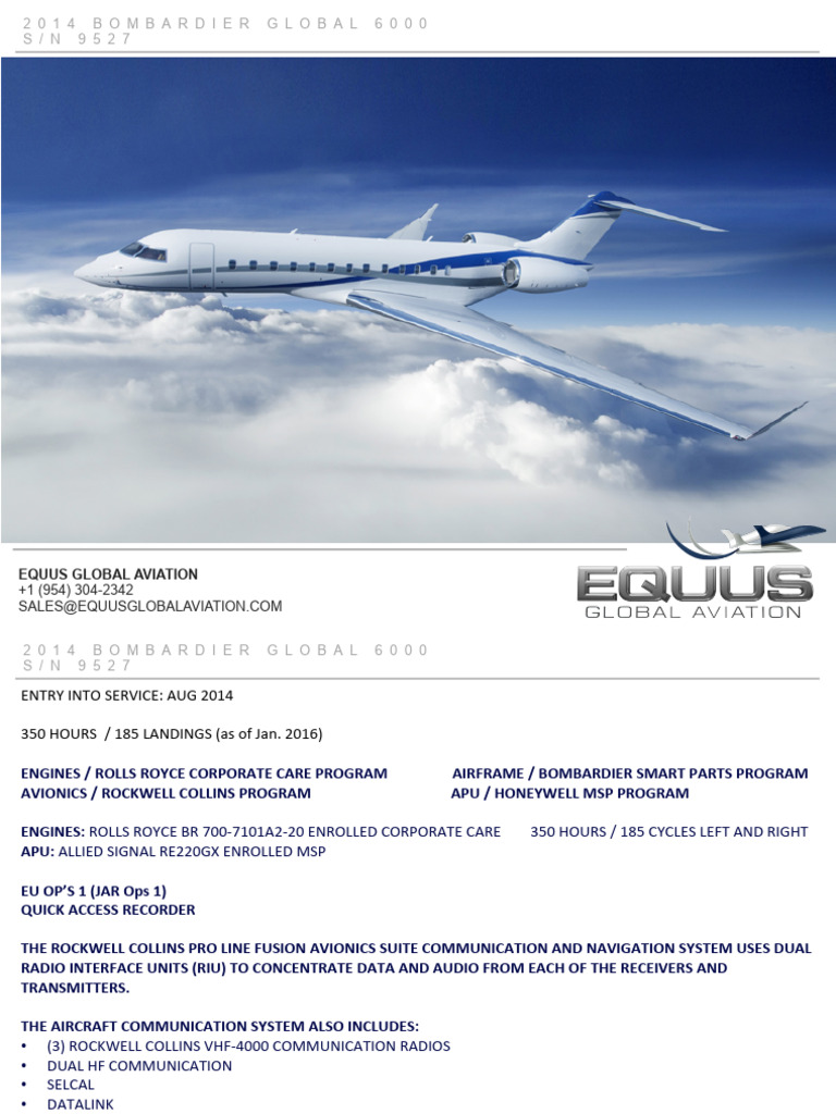 Global 6000 SN 9527 Specifications EQ | PDF | Flight Recorder | Aviation